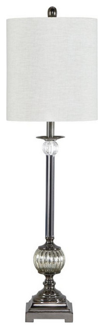 Turned Metal Base Table Lamp with Drum Shade, White and Silver ...