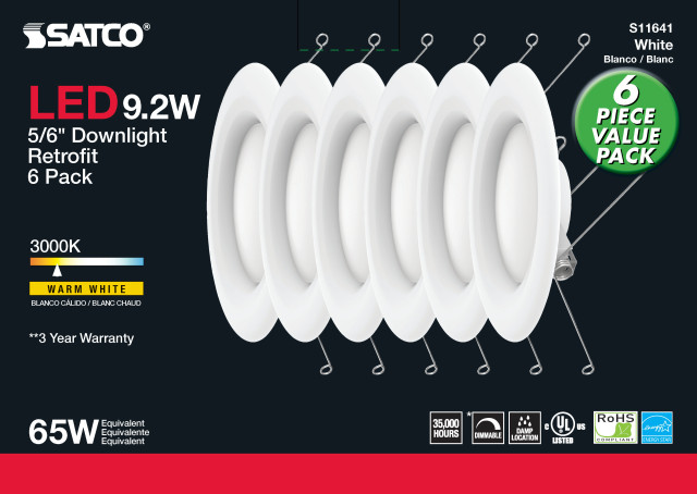 Satco Lighting 9.2W LED Downlight Retrofit 5-6" 90 CRI 3000K Pack of 6 ...
