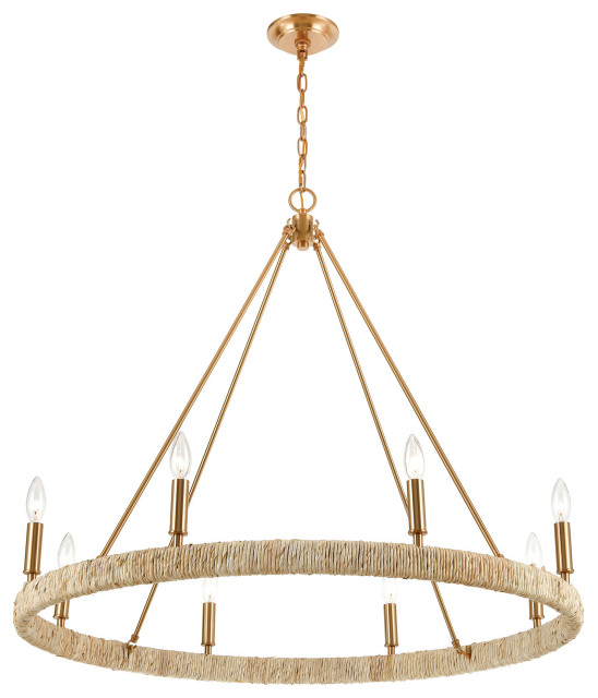 Abaca 8-Light Chandelier, Satin Brass With Abaca Rope Accents - Beach ...