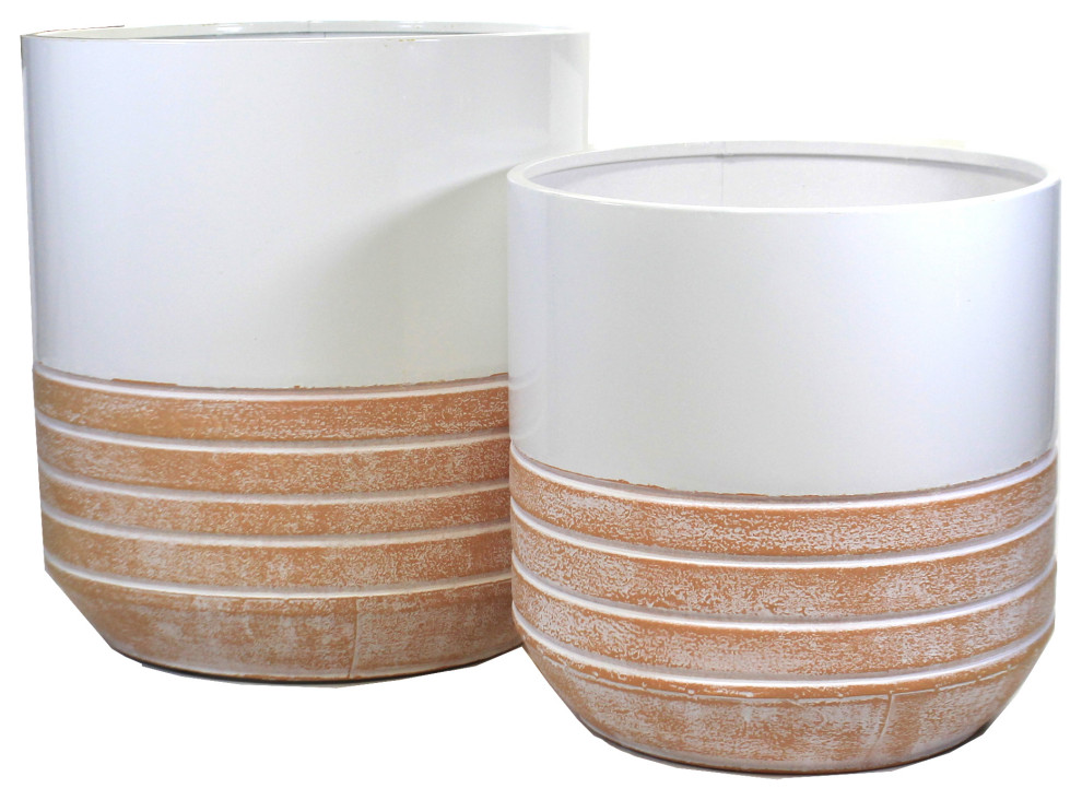 Home Decor White & Terracotta Stripe Planters Enamel Indoor, 11.75 In H ...
