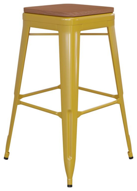 30" Yellow Stool-Teak Seat - Industrial - Outdoor Bar Stools And ...