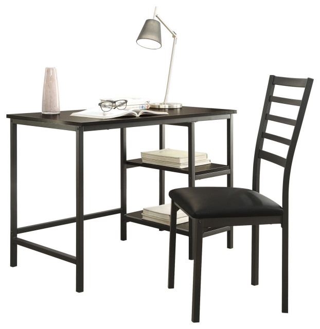 Transitional Desk & Chair, Brown Wood Top & Faux Leather Seat With ...