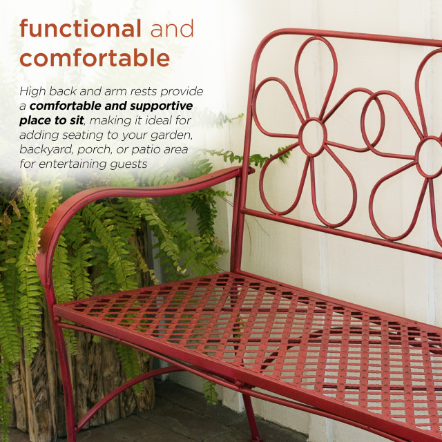 45"L Indoor/Outdoor 2-Person Metal Garden Bench, Daisy Backrest, Red ...