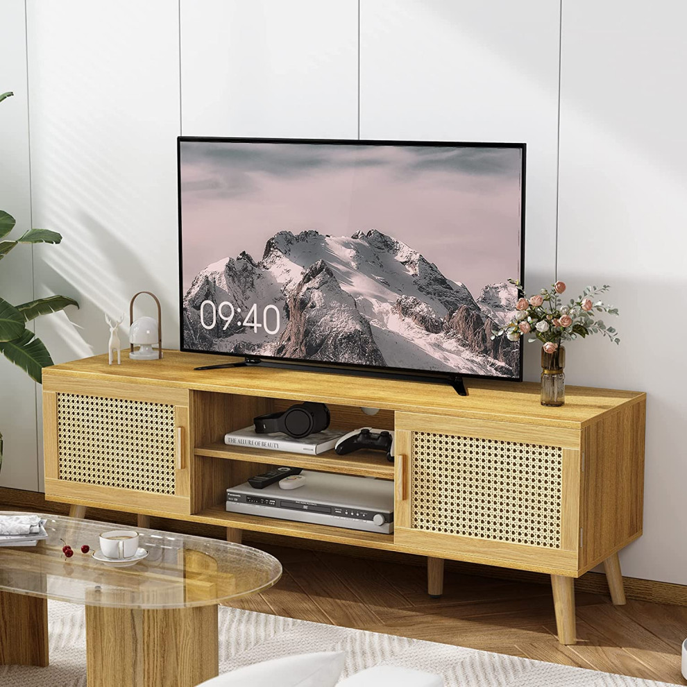 Modern Rattan TV Stand with Adjustable Shelf and 2 Cabinets ...