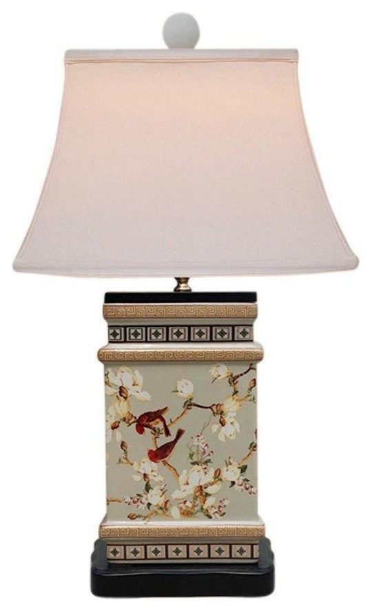 Beautiful Chinese Porcelain Table Lamp, Square Vase Floral Bird Motif ...