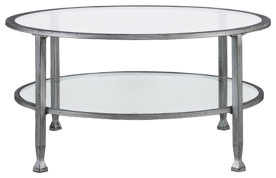 36" Silver Glass And Metal Round Coffee Table - Farmhouse - Coffee ...