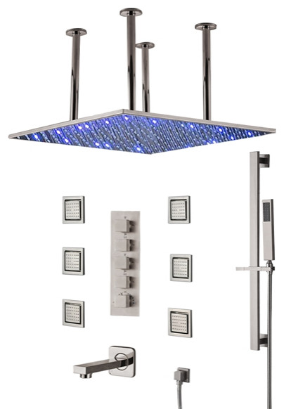 Fontana 24" LED Rainfall Shower System & 6 Jetted Body Sprays, Brushed ...