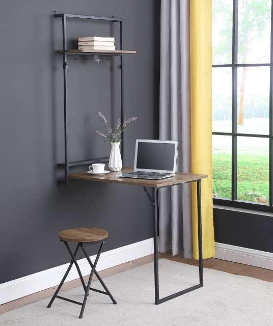 Riley Foldable Wall Desk With Stool Rustic Oak and Sandy Black ...
