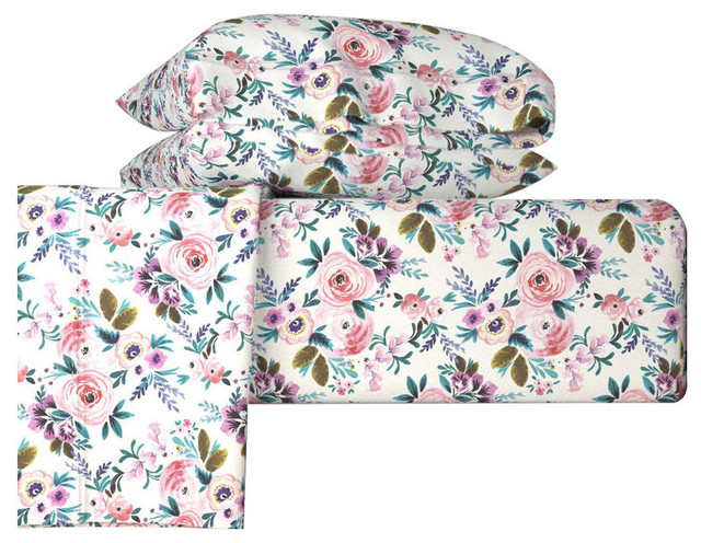 Victoria Floral Floral 4pc Cotton Sheet Set, Queen - Contemporary ...