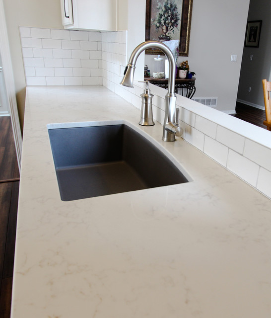 White Kitchen with White Subway Tile and Eternia Quartz Countertop ...