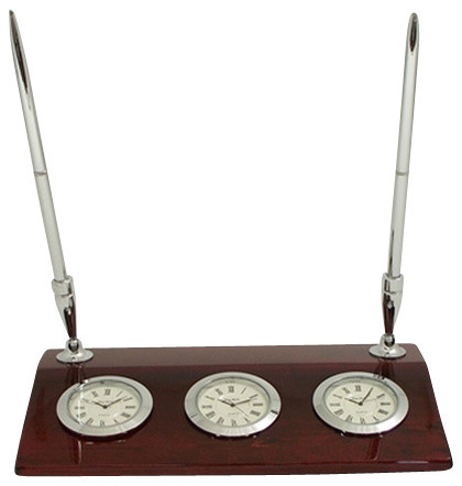 "Tokyo", Lacquered "Rosewood" 3 Time Zone Desk Clock - Transitional ...