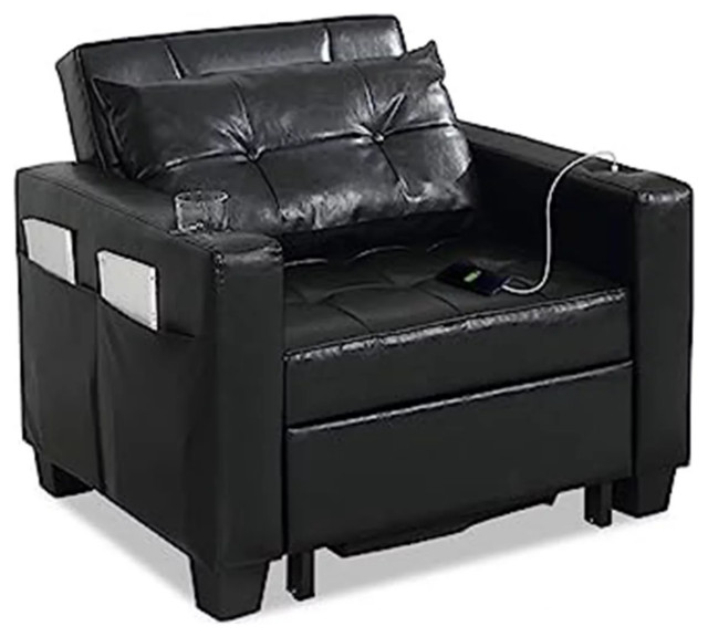 3-in-1 Faux Leather Convertible Sleeper Chair with USB Port for Indoor ...