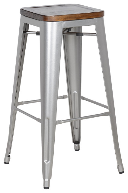 Highland Commercial Grade Stool with Wood Seat, Silver Pearl, Set of 4 ...