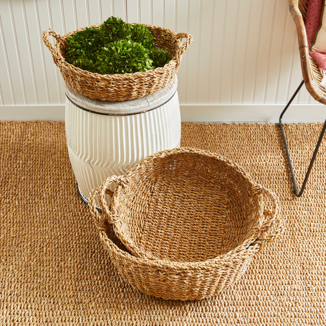Seagrass Shallow Baskets With Handles, Set of 3 - Beach Style - Baskets ...