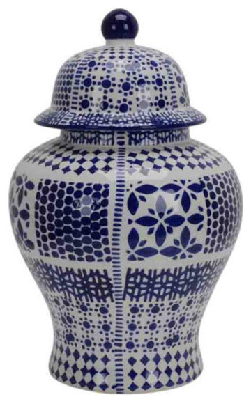 Ceramic Traditional Temple Lidded Jar in White and Blue finish - Asian ...