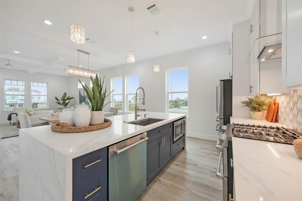 Modern One Wall Open white kitchen with blue Island - Modern - Kitchen ...