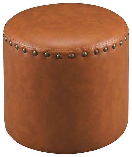 Nailhead Trim Upholstered Round Stool Ottoman Transitional
