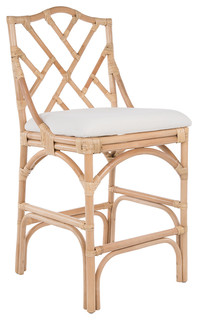 Chippendale Rattan Stool, Natural Color with Off-White Upholstery ...