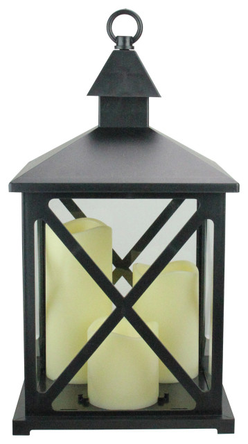 12.5" Black Candle Lantern With 3 Flameless LED Candle - Transitional ...