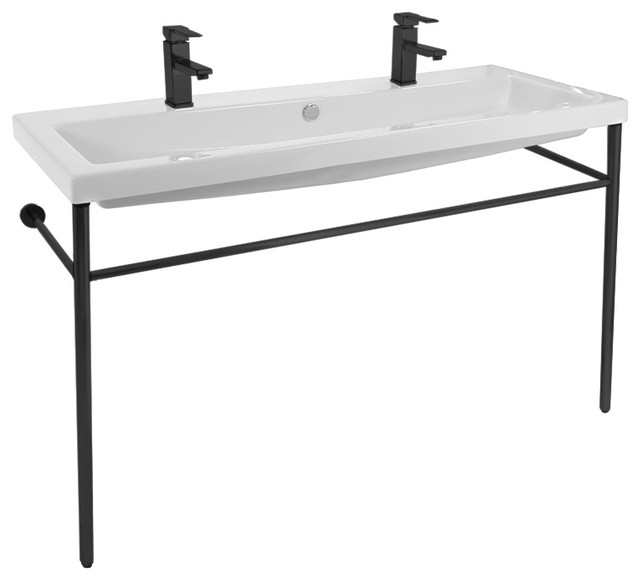 Double Ceramic Console Sink and Matte Black Stand - Contemporary ...