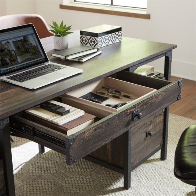Sauder Steel River Engineered Wood Executive Desk in Carbon Oak ...