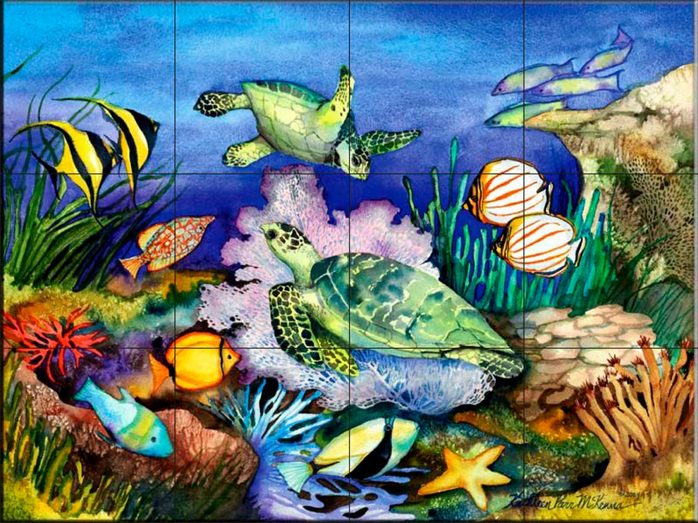 Tile Mural, Green Sea Turtles by Kathleen Parr Mckenna, 17" x 12.75 ...
