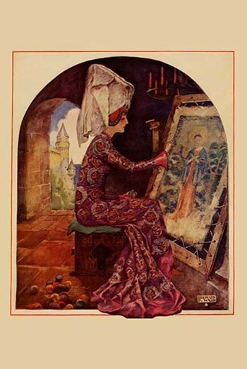 Medieval Girl Sews a Tapestry, 20" x 30" - Traditional - Prints And ...