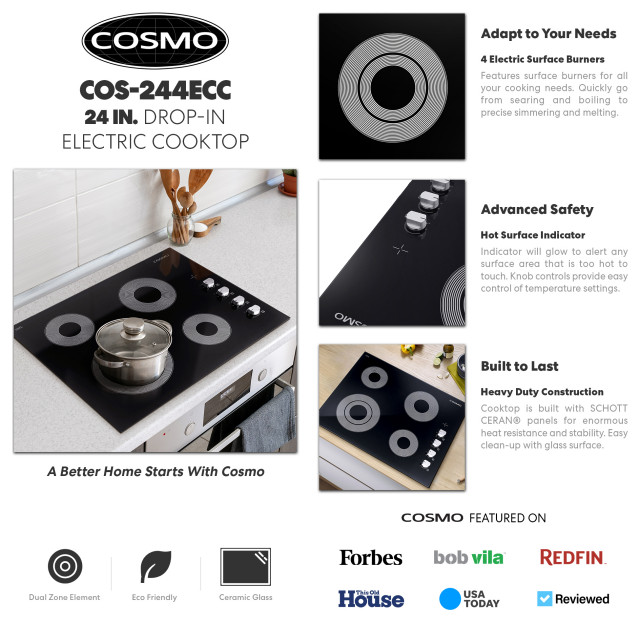 Cosmo 24" Electric Ceramic Glass Cooktop With 4 Elements, Dual Zone ...