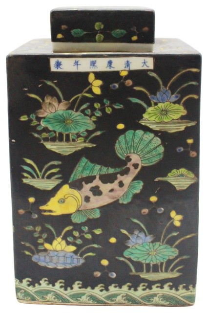 Legend of Asia Black Square Tea Jar With Fish Motif 1471 - Asian ...