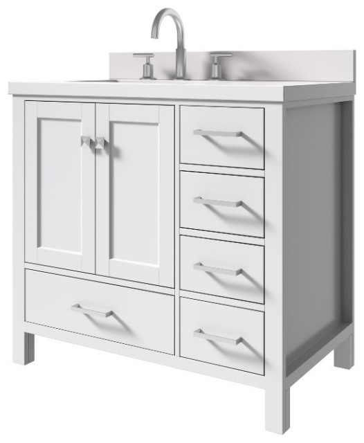 Cambridge White 37" Left Offset Rectangle Sink Vanity With Quartz ...