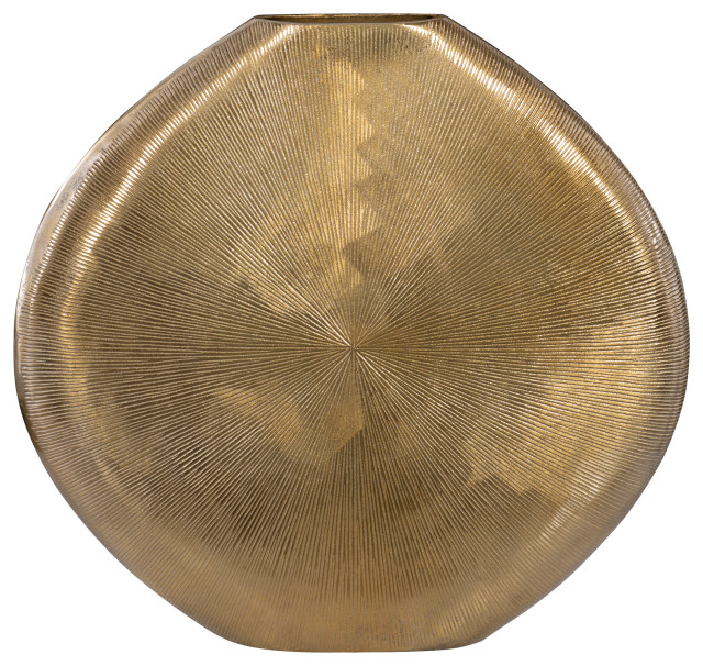 Luxe Large Flat Ribbed Disk Gold Silver Vase, Mid Century Modern Round ...