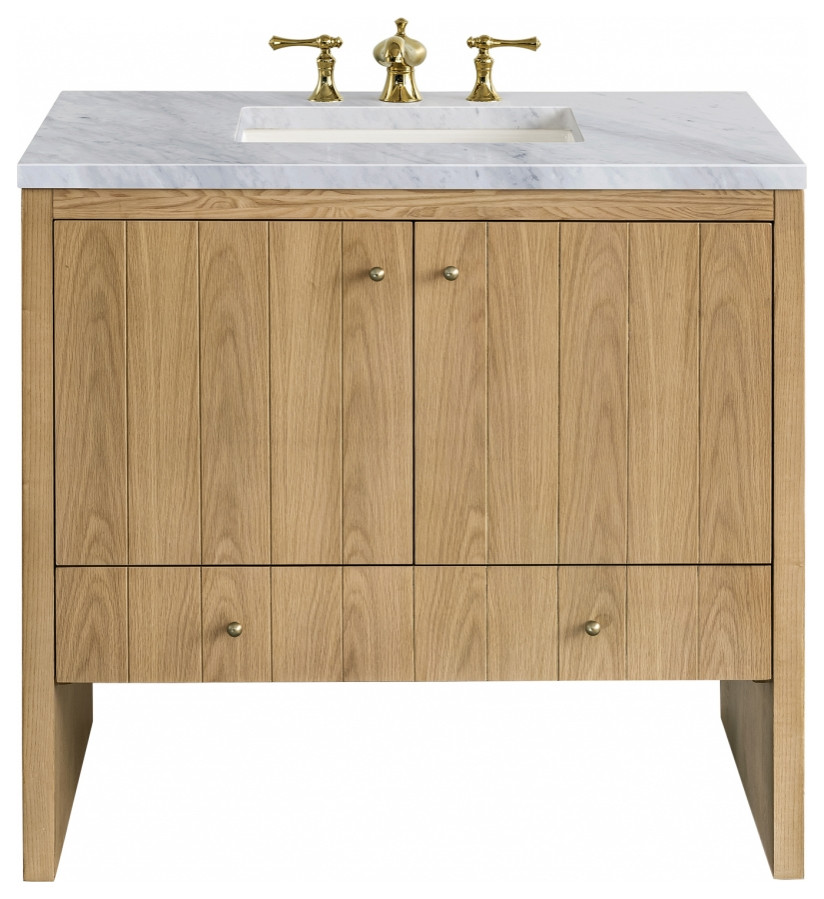 36" Modern Farmhouse Natural Oak Single Vanity Carrara Marble, James ...