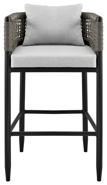 Felicia Outdoor Patio Bar Stool in Aluminum with Grey Rope and Cushions ...