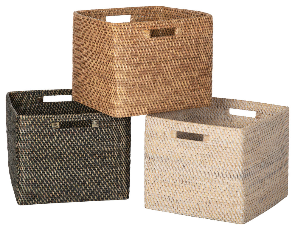 Loma Decorative Square Rattan Storage Basket With Handles, Honey-Brown ...