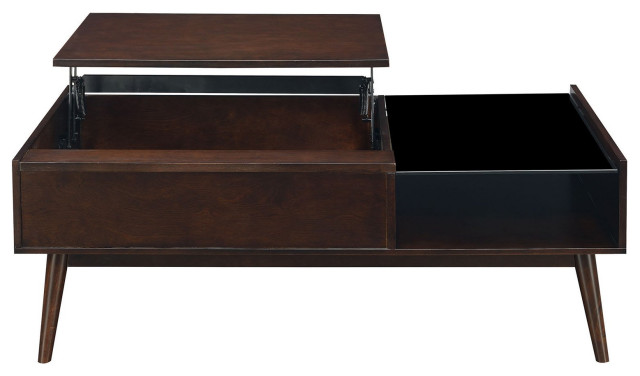 Mid-Century Espresso Coffee Table with Lift-Top and Black Glass Surface ...