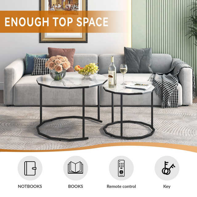 2-Piece Artificial Marble Coffee Table Set, 12-Gon Shape White/Black - Transitional - Coffee ...