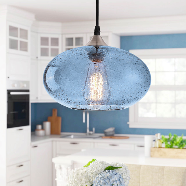 Modern 1-Light Blue Bubble Glass Design Brushed Nickel Pendant Light ...
