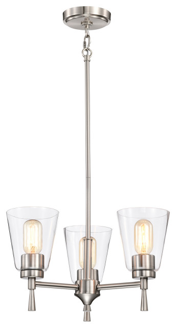 3-Light Brushed Nickel Modern Chandelier With Clear Cone Glass Shades ...
