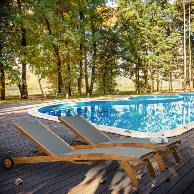 Teak Wood Bahama Pool Lounger With Batyline Mesh, Grey - Transitional ...