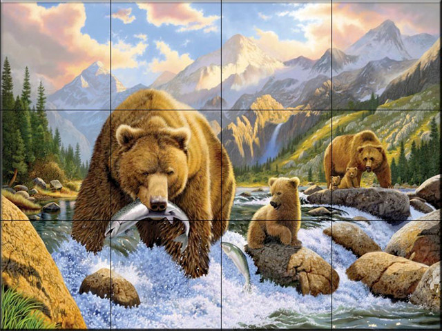 Tile Mural, Bear Salmon Fishing by Chris Hiett, 17" x 12.75" (12 Tiles ...