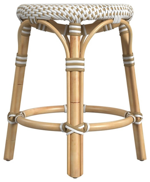 Home Square 18" Rattan Round Stool - White and Tan Dot - Set of 3 ...