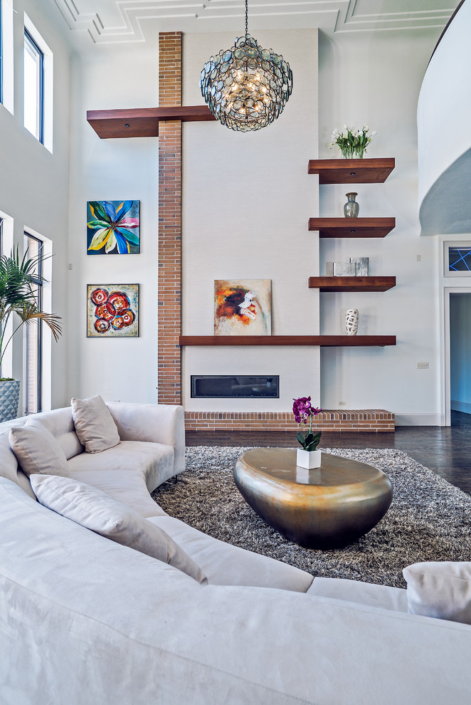 Living Room with High Ceilings and Modern Fireplace - Contemporary ...