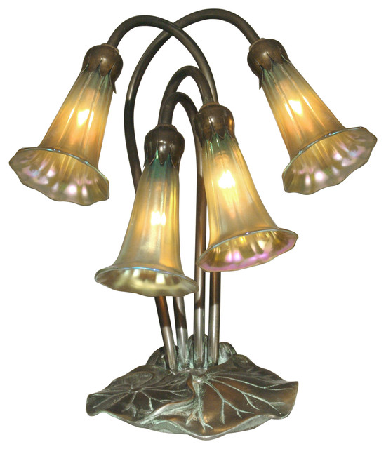 4-Light Accent Lamp, Antique Bronze/Verde, Gold Lily Glass ...