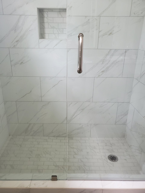 Tub Surround and Shower done with 12x24 Carrara Matte Porcelain Tile ...