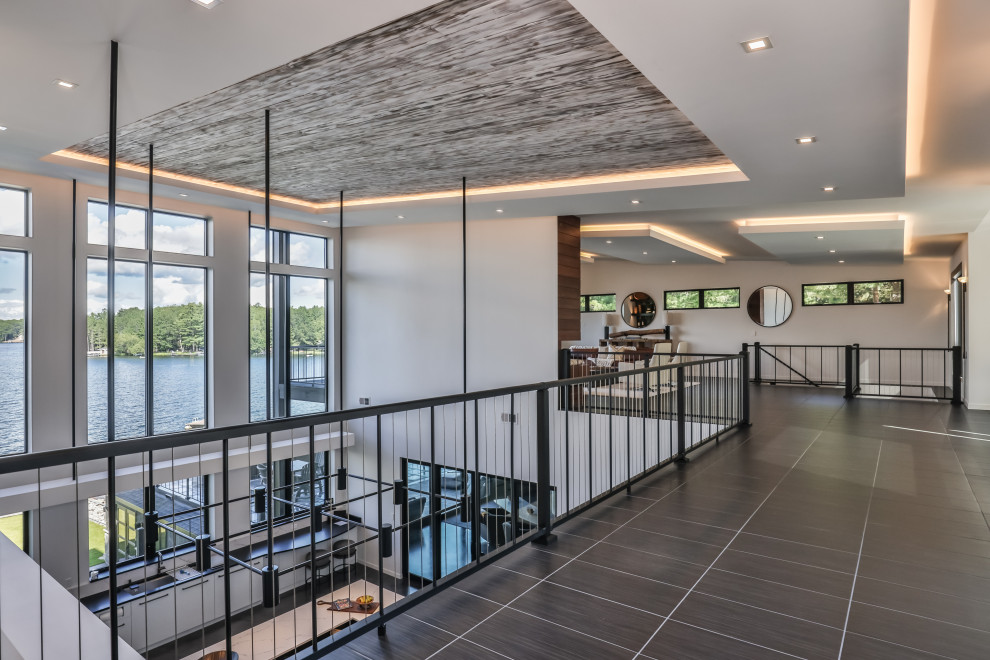 Modern Lake House - Main Level Catwalk / Balcony Over Great Room ...