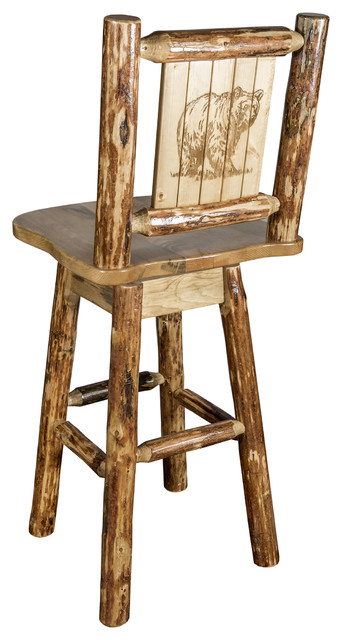 Glacier Country Bar Stool With Back and Swivel, Laser Engraved Bear ...