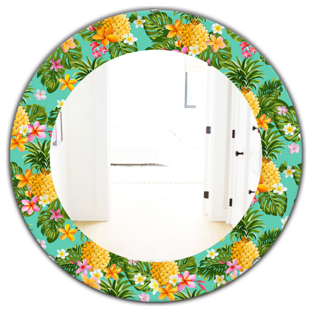 Tropical Mood Pineapple 5 Bohemian Frameless Round Wall Mirror, 32x32 ...