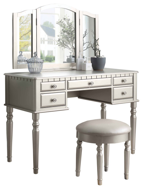 Benzara 3 Piece Traditional Wooden Vanity Set with 5 Drawers, Silver ...