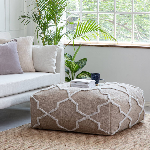 Unique Pouf, Extra Large Design With Geometric White Pattern, Beige ...
