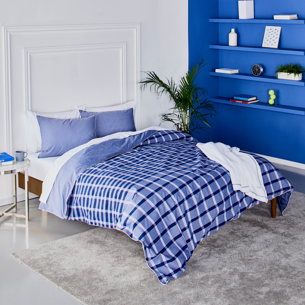 Lacoste Chambray Check Comforter Set, Blue Multi, Twin - Farmhouse ...